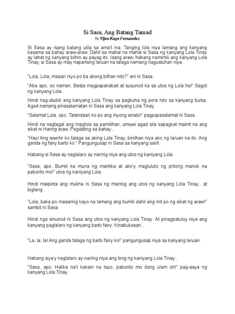 Si Sasa, Ang Batang Tamad (Maikling Kuwento) | PDF