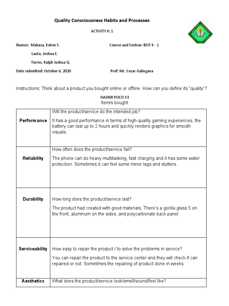 Quality Consciousness Habits and Processes: Activity #: 1 | PDF