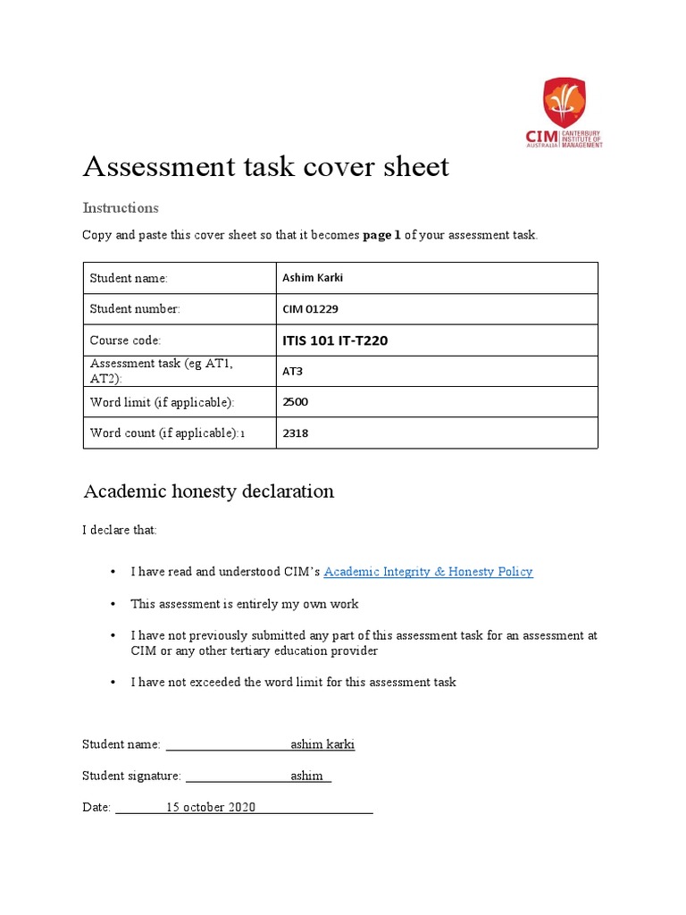 Assessment Task Cover Sheet: Academic Honesty Declaration | PDF
