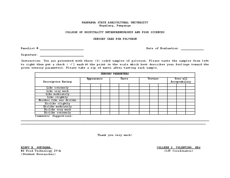 Sensory Parameters Descriptive Rating Appearance Taste Texture Over-All ...
