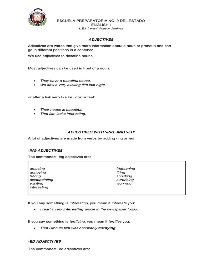 English 1 (Adjectives) PDF | PDF | Adjective | Noun