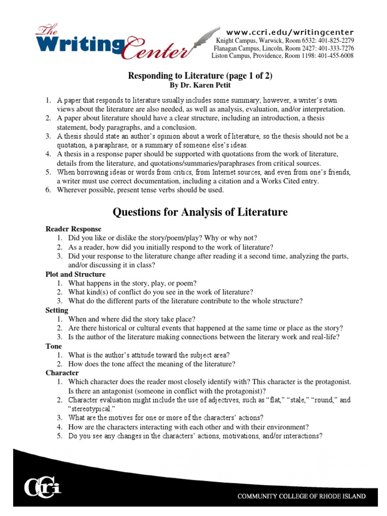 Questions For Analysis of Literature | PDF | Narration | Cognitive Science