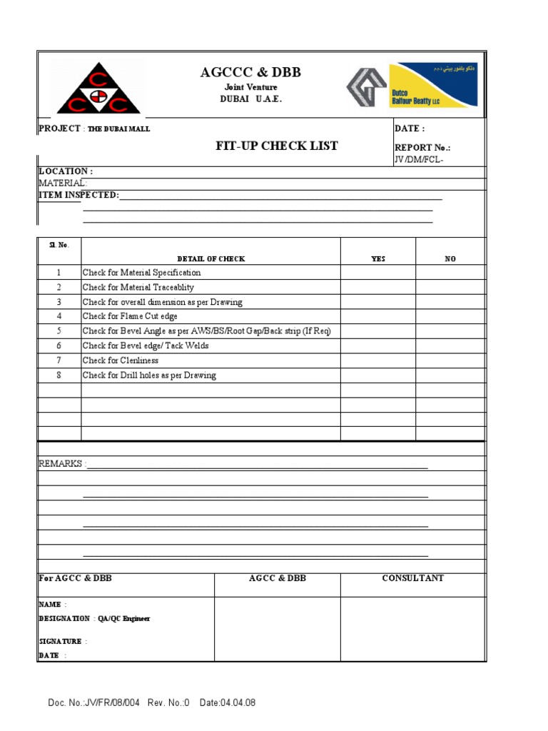 Fit-Up Check List Report | PDF | Industrial Processes | Mechanical ...