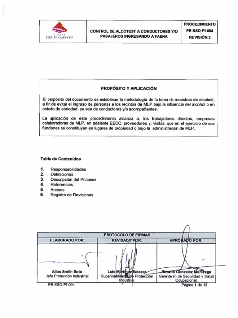 PE-SSO-PI-004 Procedimiento Control de Alcotest PDF | PDF | Minería ...