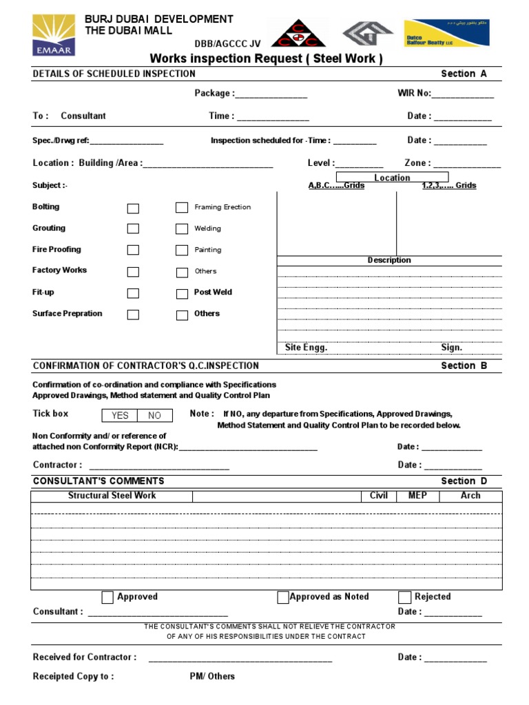 Works Inspection Request (Steel Work) : Section A | PDF | Steel ...