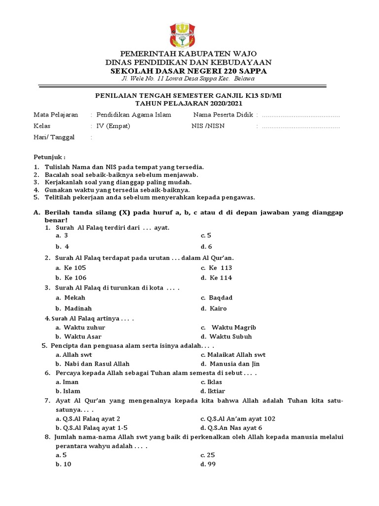 Soal PTS KLS Iv | PDF
