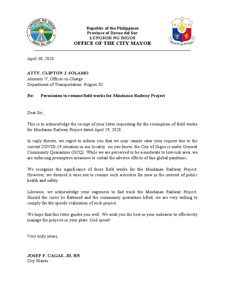 Office of The City Mayor: Republic of The Philippines Province of Davao ...