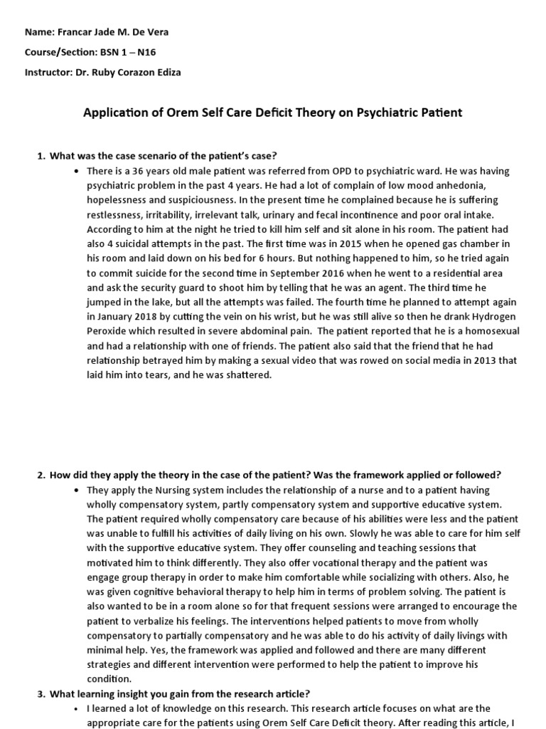 Case Study Dorothea Orem (Francar Jade For Sbmission) - TFN | PDF | Psychotherapy ...
