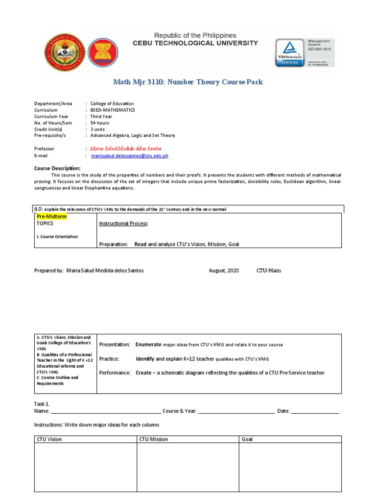 Math MJR 3110: Number Theory Course Pack | PDF | Prime Number ...
