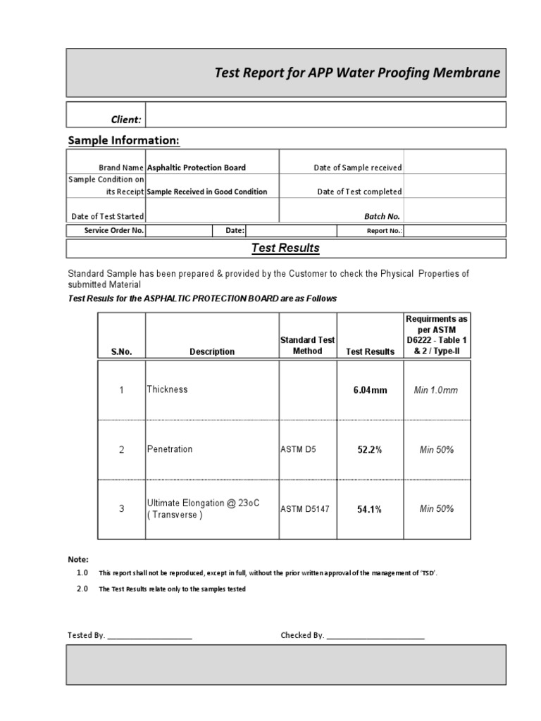 Test Report For APP Water Proofing Membrane: Sample Information | PDF