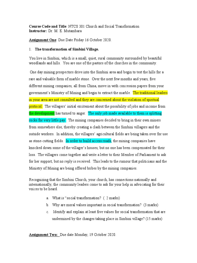 TCS 301 Church and Social Transformation Exercise 2020 | PDF | Mining