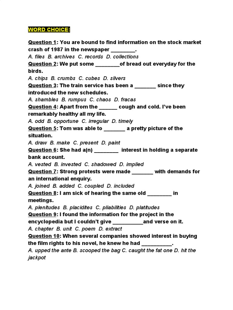 Vocabulary Multiple Choice Quiz | PDF