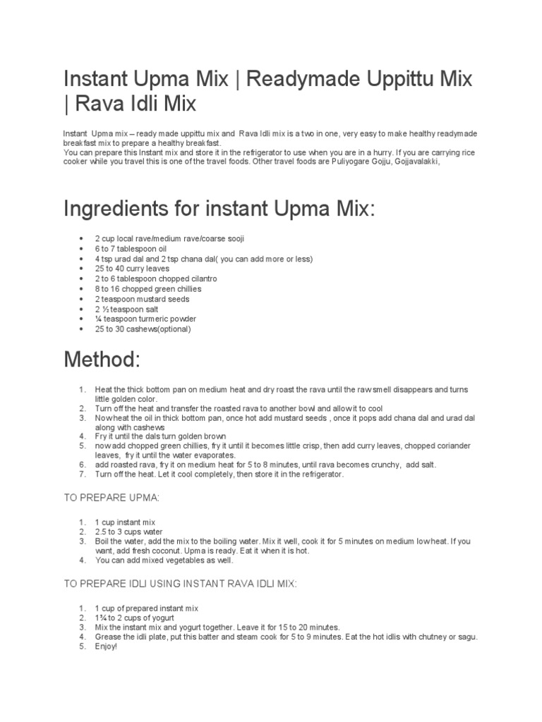 Instant Upma Mix Readymade Uppittu Mix Rava Idli Mix | PDF