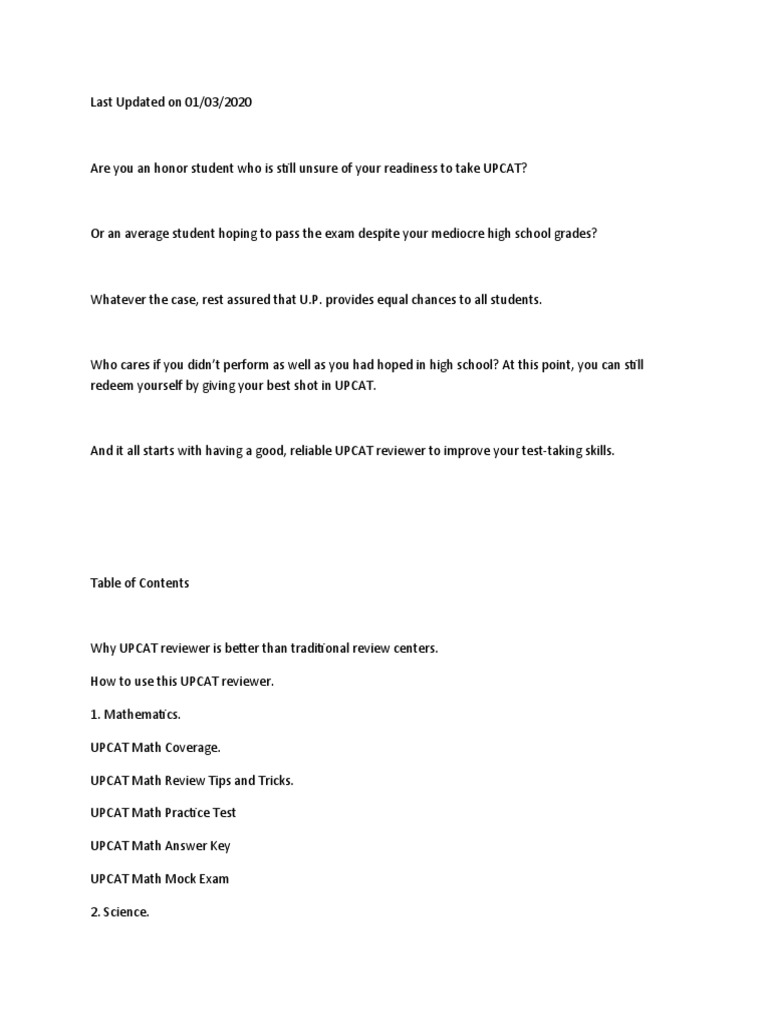 Upcat Reviewer Guide | Download Free PDF | Reading Comprehension | Area