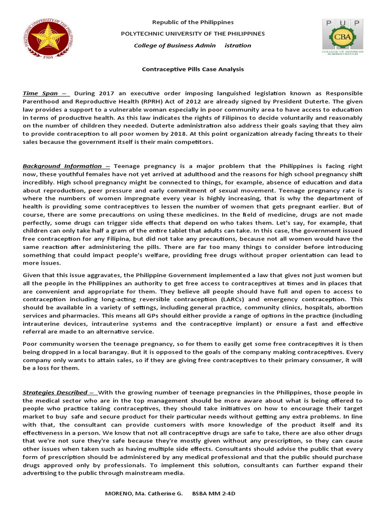 Contraceptive Pills Case Analysis: MORENO, Ma. Catherine G. BSBA MM 2-4D | PDF | Birth Control ...