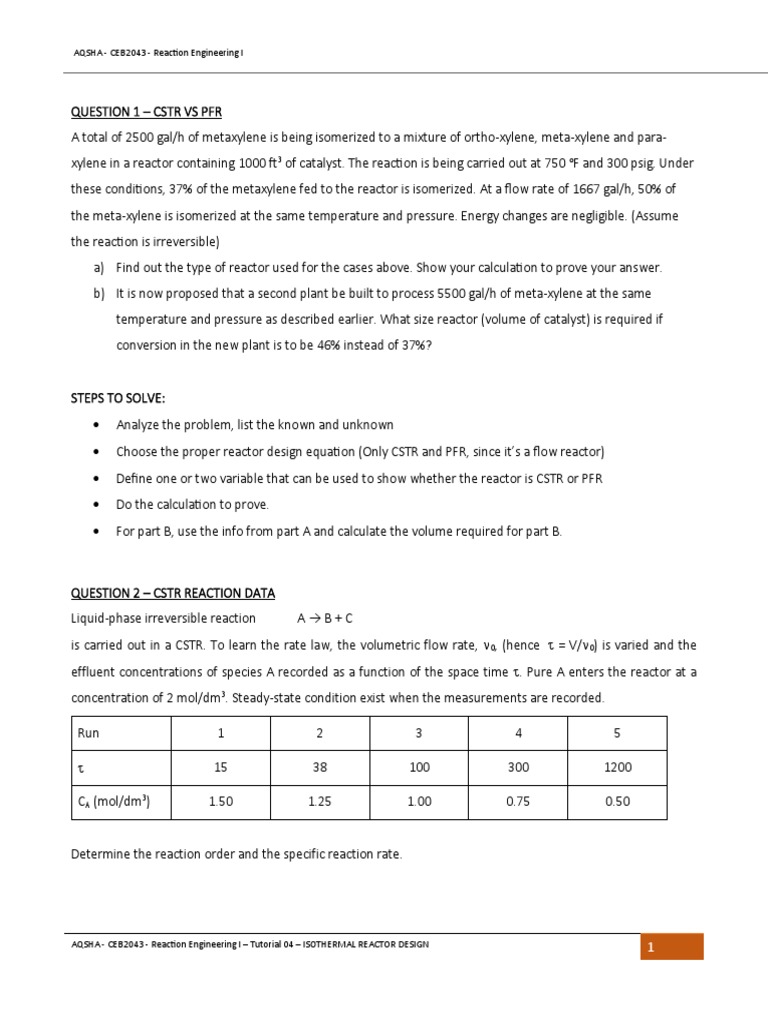 CEB2043 - Reaction Engineering I - Tutorial 04 - Isothermal Reactor ...