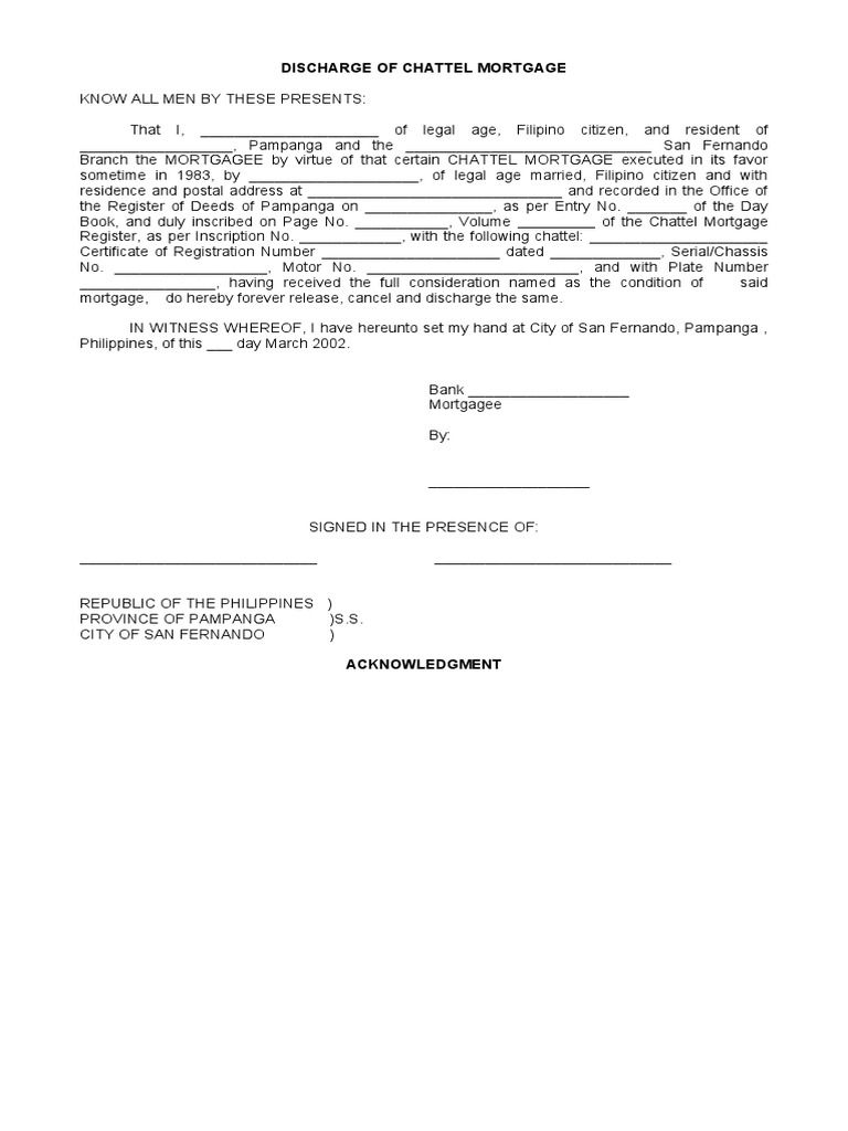 DISCHARGE OF CHATTEL MORTGAGE (Template) | PDF