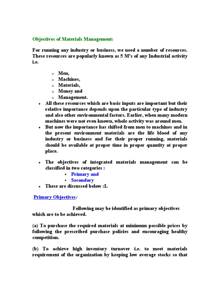 Objectives of Material Management | PDF | Procurement | Resource