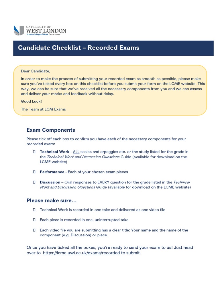 Candidate Checklist - Recorded Exams: Exam Components | PDF