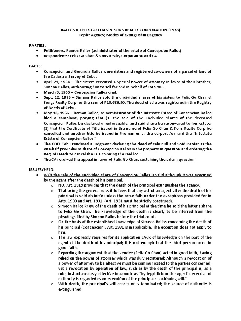 Rallos v. Felix Go Chan Case Digest | PDF | Law Of Agency | Virtue