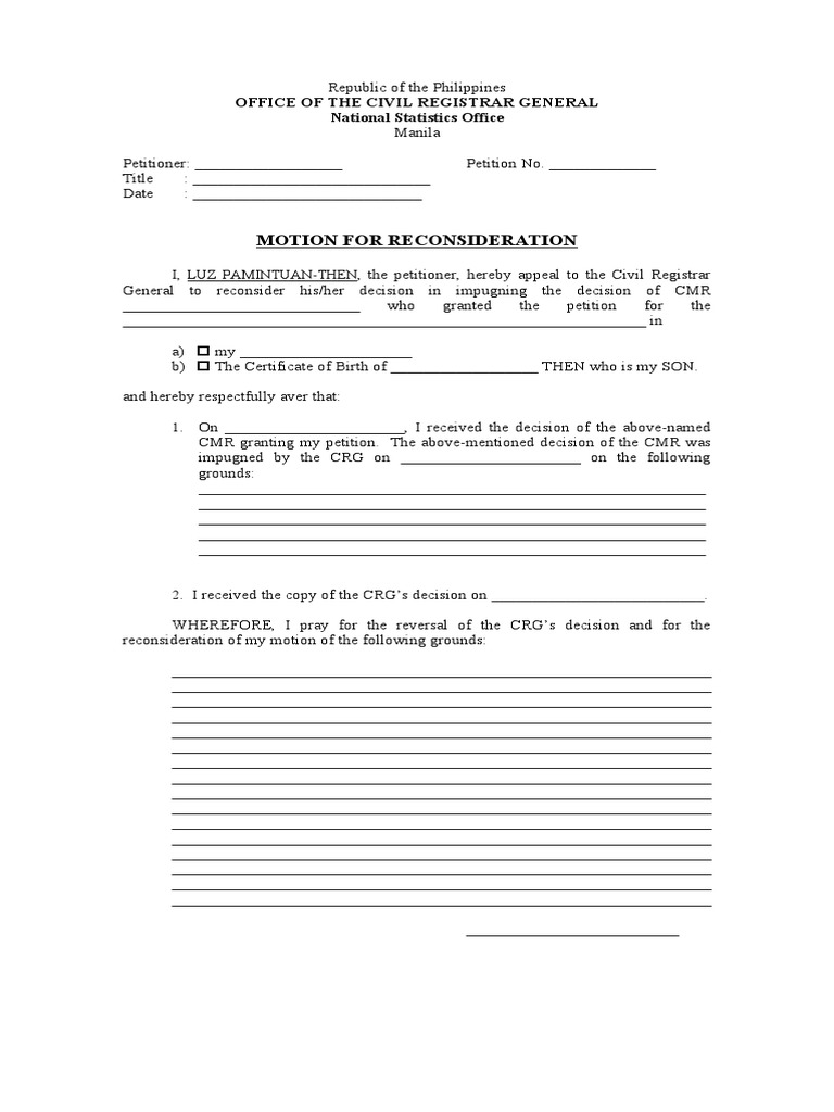 RA 9048 (Motion For Recon) - Template | PDF | Public Law | Justice