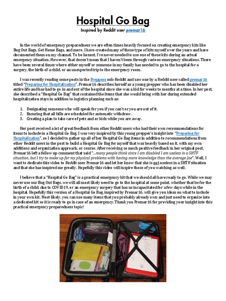 Hospital Go Bag: Inspired by Reddit User | PDF | Survivalism | Battery ...