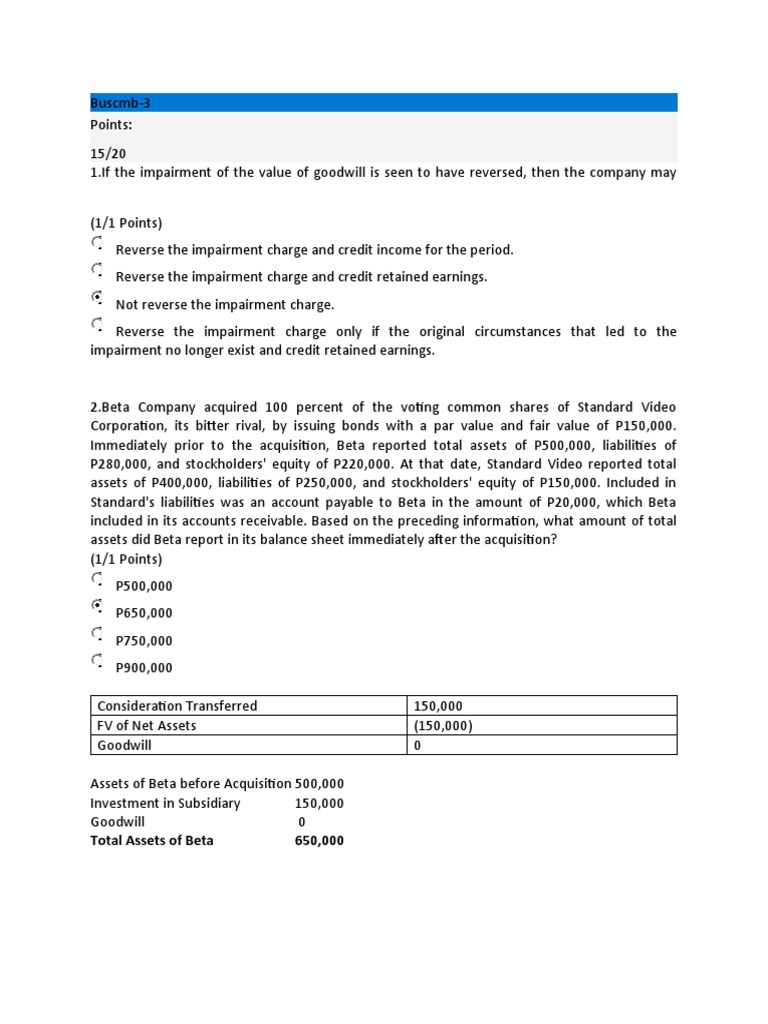 Quiz Number 2 Buscomb | PDF | Retained Earnings | Goodwill (Accounting)