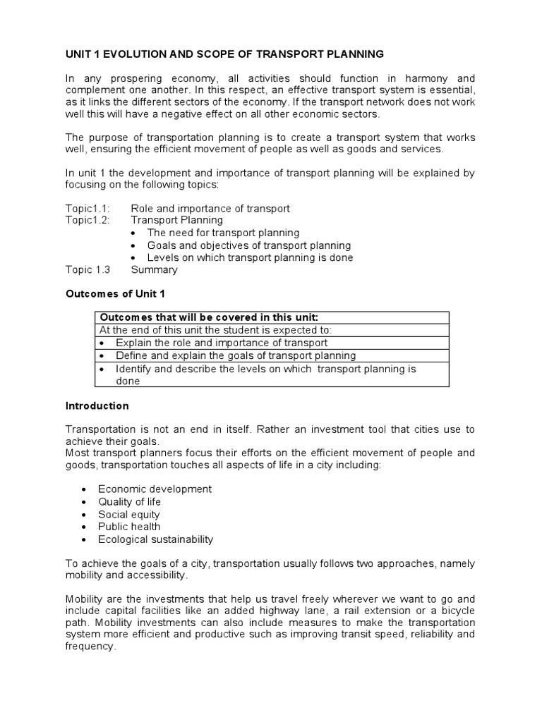 Unit 1 Evolution and Scope of Transport Planning | PDF | Transport | Demand