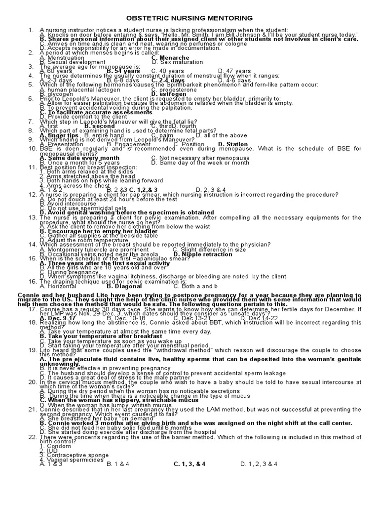 Nursing and Obstetric Exam Questions | PDF | Childbirth | Postpartum Period