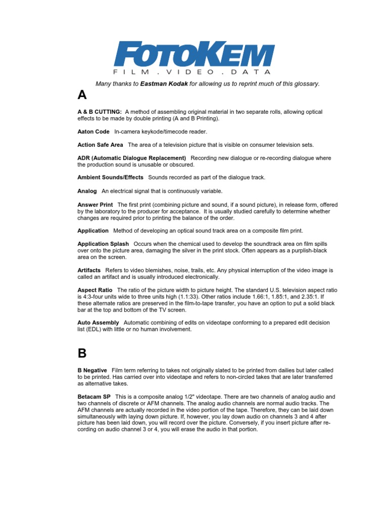 Film Terms (Glossary) | PDF | Video | Sound Recording And Reproduction