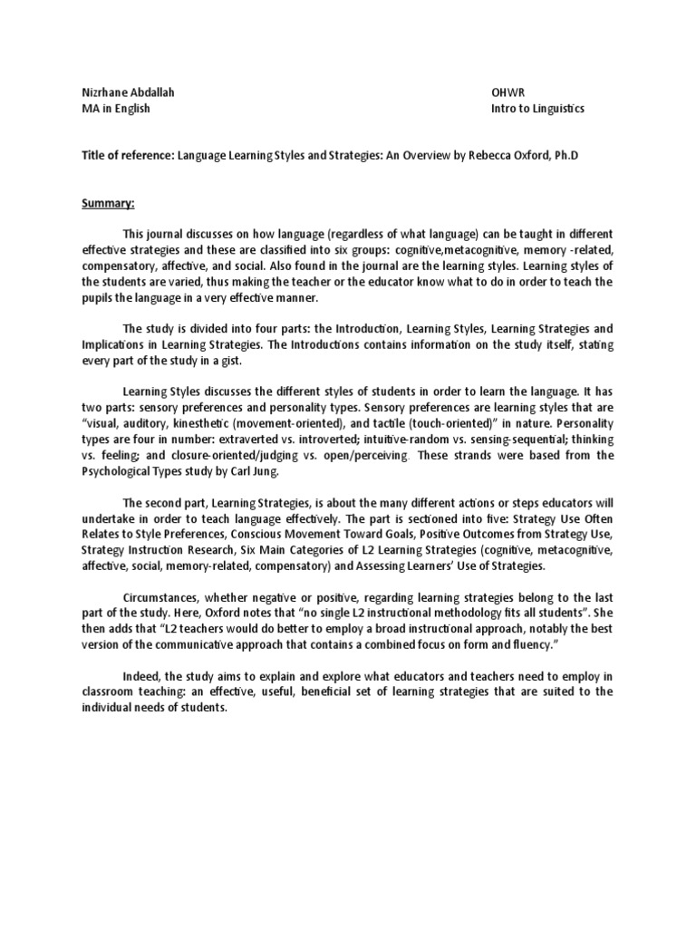 Title of Reference: Language Learning Styles and Strategies: An Overview by Rebecca Oxford, PH.D ...