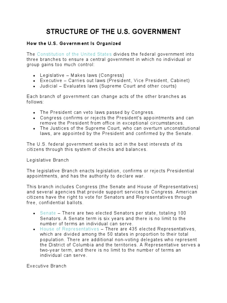 Structure of The U.S. Government | PDF | Federal Government Of The ...
