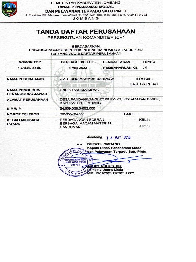 TDP CV Ridho Makmur Barokah | PDF