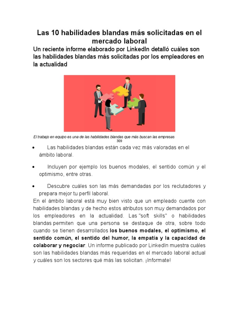 Las 10 Habilidades Blandas Más Solicitadas En El Mercado Laboral Pdf