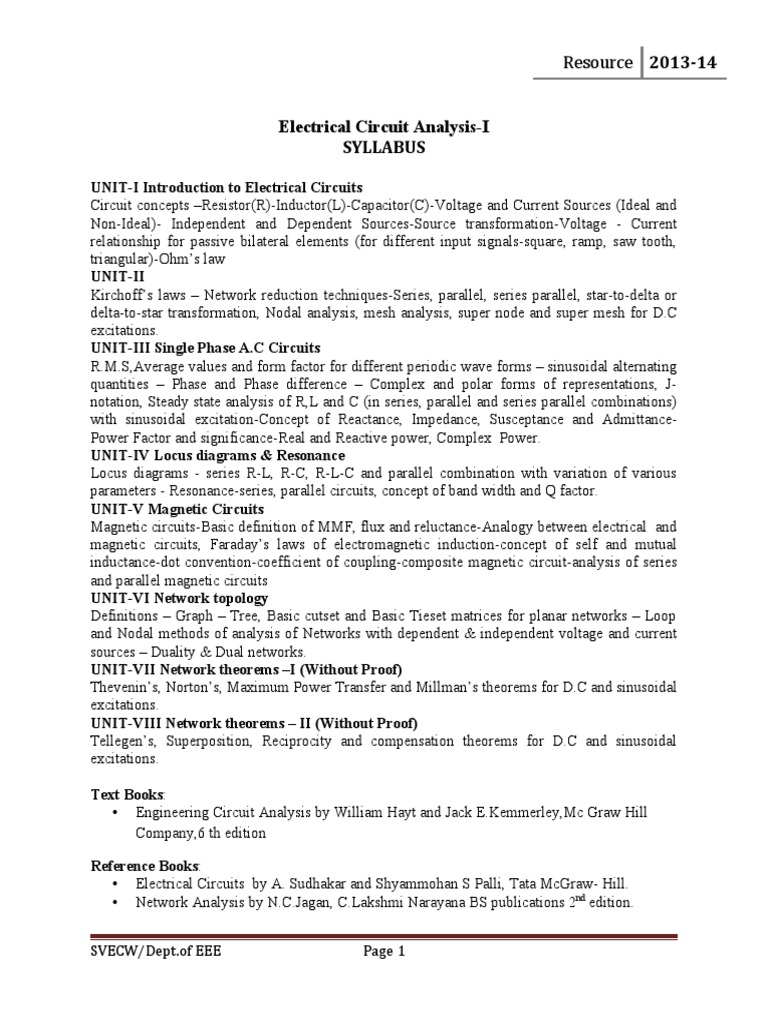 Electrical Circuit Analysis-I Syllabus | PDF | Electrical Network ...