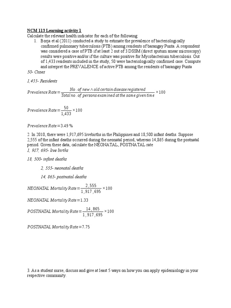 NCM 113 Learning Activity 1 | PDF | Transmission (Medicine) | Infection
