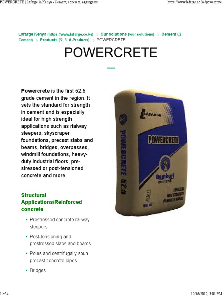 Bamburi POWERCRETE Cement Specs | PDF | Prestressed Concrete | Concrete
