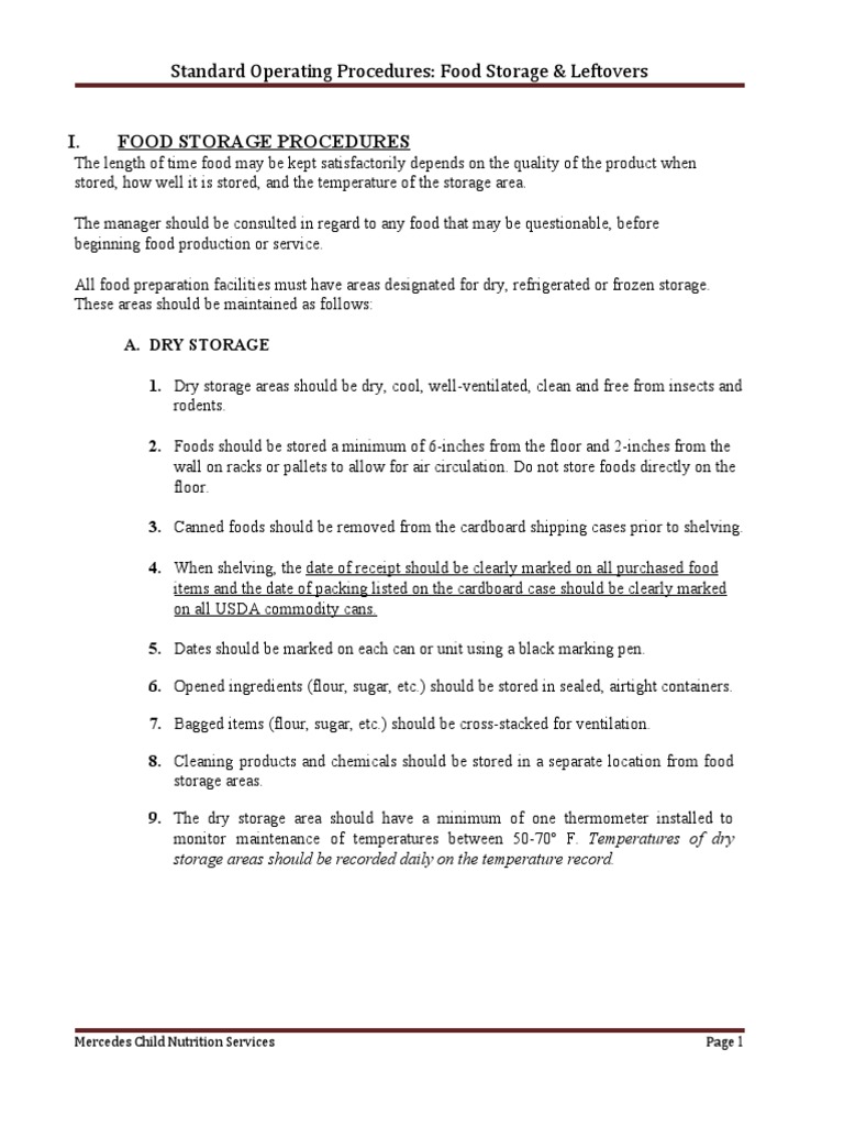 Standard Operating Procedures: Food Storage & Leftovers | PDF | Food ...