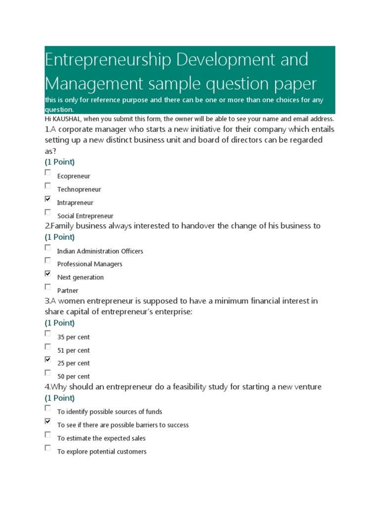 Entrepreneurship Development Sample Paper | PDF | Entrepreneurship ...
