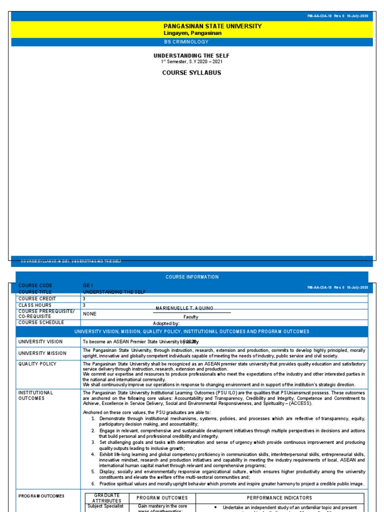 UTS Syllabus GE1 1 2020 ANGEL | PDF | Cognition | Psychological Concepts