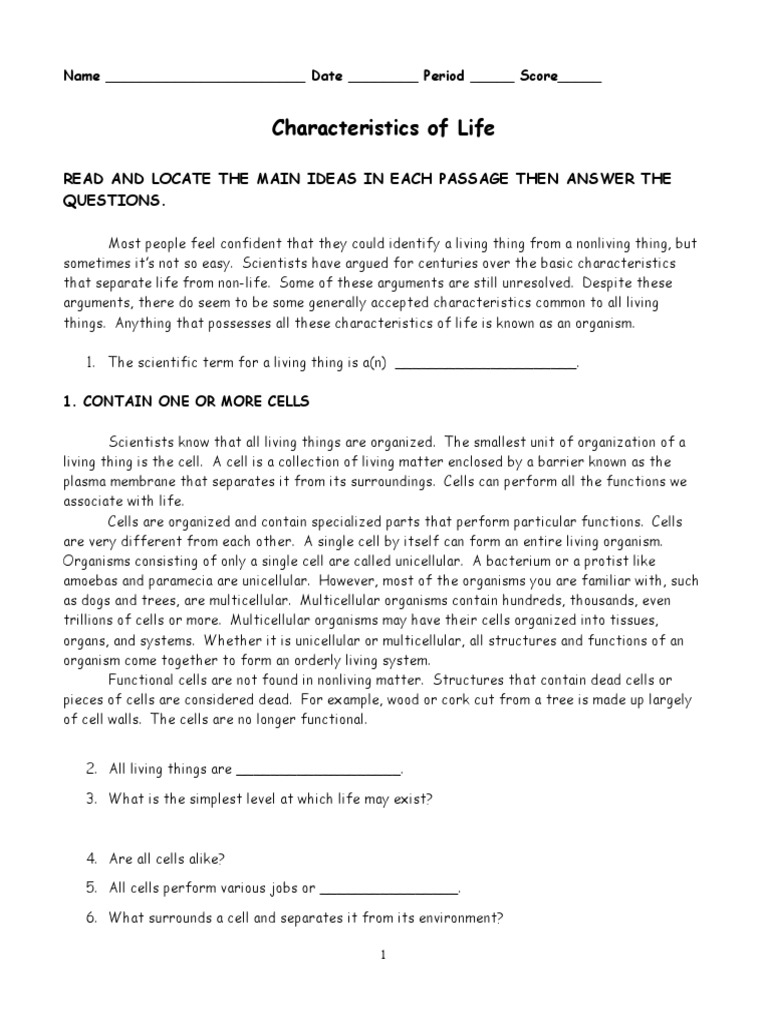 Characteristics of Life Worksheet | PDF | Reproduction | Organisms