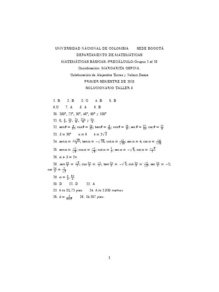 Solucionario Taller 8 Precálculo | PDF