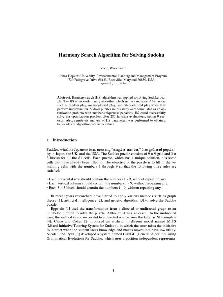 Abstract. Harmony Search (HS) Algorithm Was Applied To Solving Sudoku ...