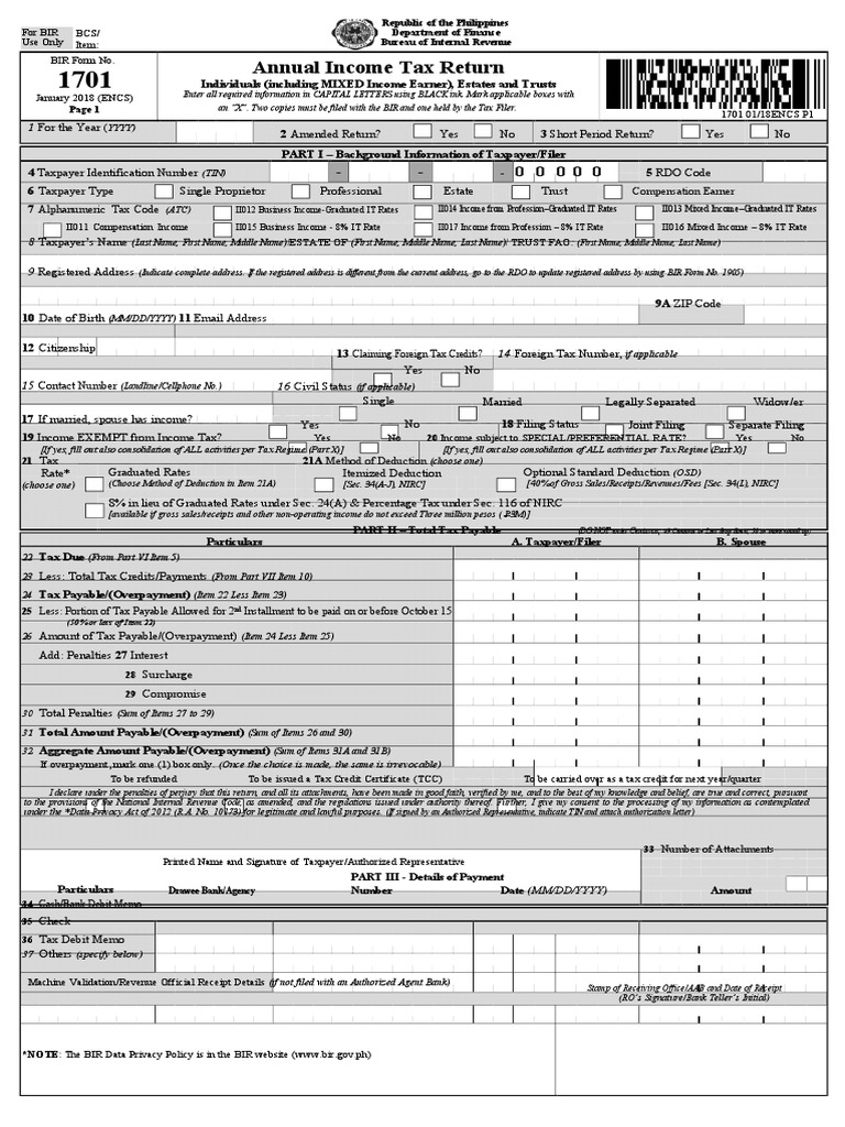 BIR Form 1701-Jan-2018-Encs.-Final | PDF | Tax Deduction | Income Tax