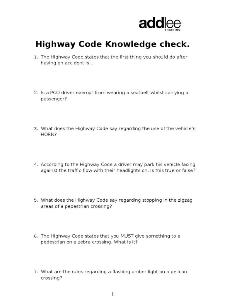 Highway Code Knowledge Check | PDF | Highway | Road
