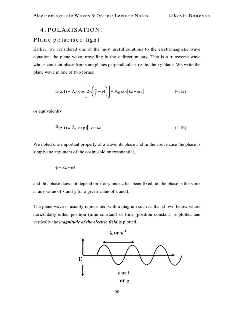 Polarisation. Plane Polarised Light: Electromagnetic Waves & Optics ...