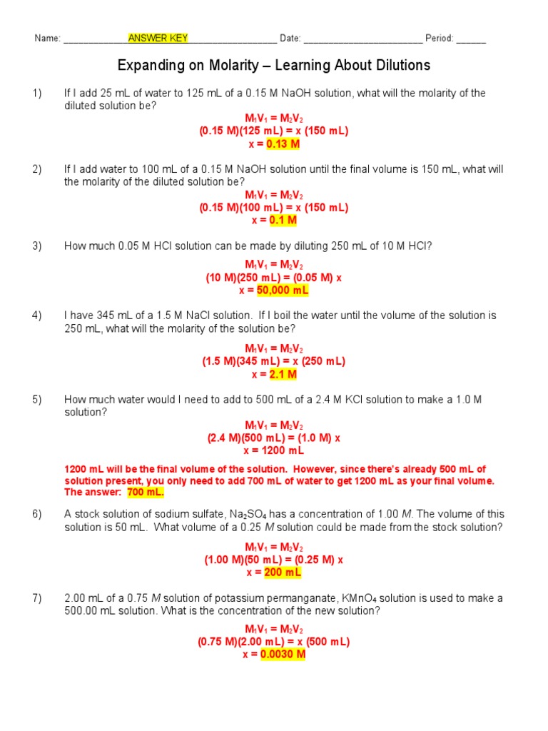 Dilution Problems and Solutions Guide | PDF | Atoms | Chemical Elements