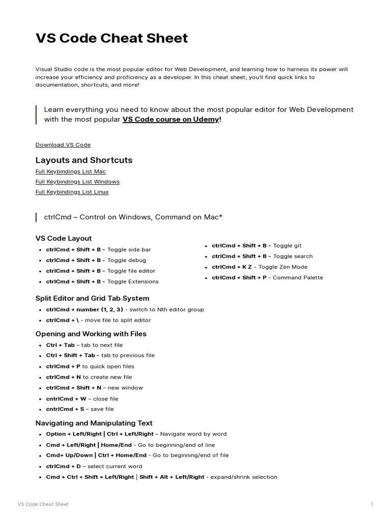 VS Code Cheat Sheet in 40 Characters | PDF | Keyboard Shortcut | Software