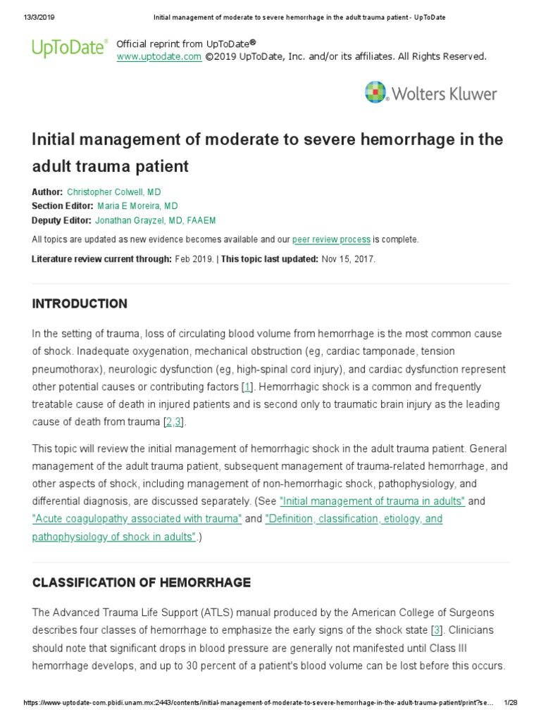 Initial Management of Moderate To Severe Hemorrhage in The Adult Trauma ...