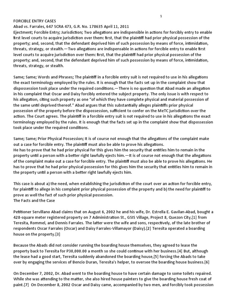 Forcible Entry Case Analysis in the Philippines | PDF | Complaint | Lawsuit